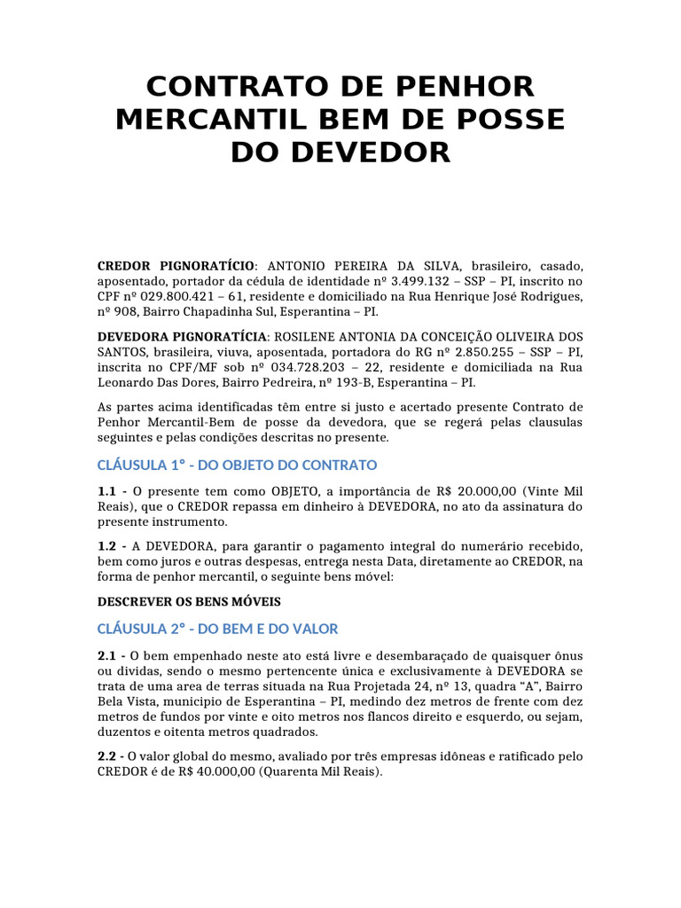 Contrato de Penhor Mercantil em PI | PDF | Empréstimos | Crédito