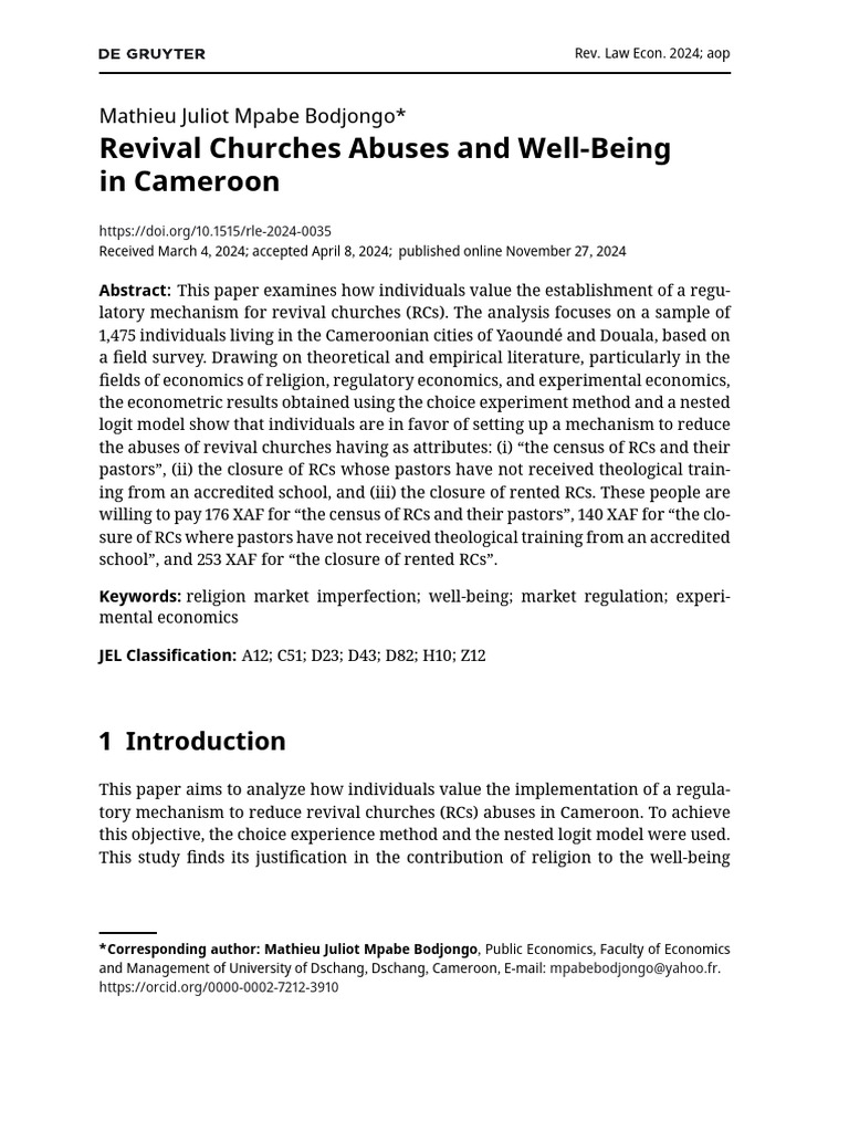 Mpabe Bodjongo Revival Churches Abuses and Wellbeing in Cameroon RLE | PDF