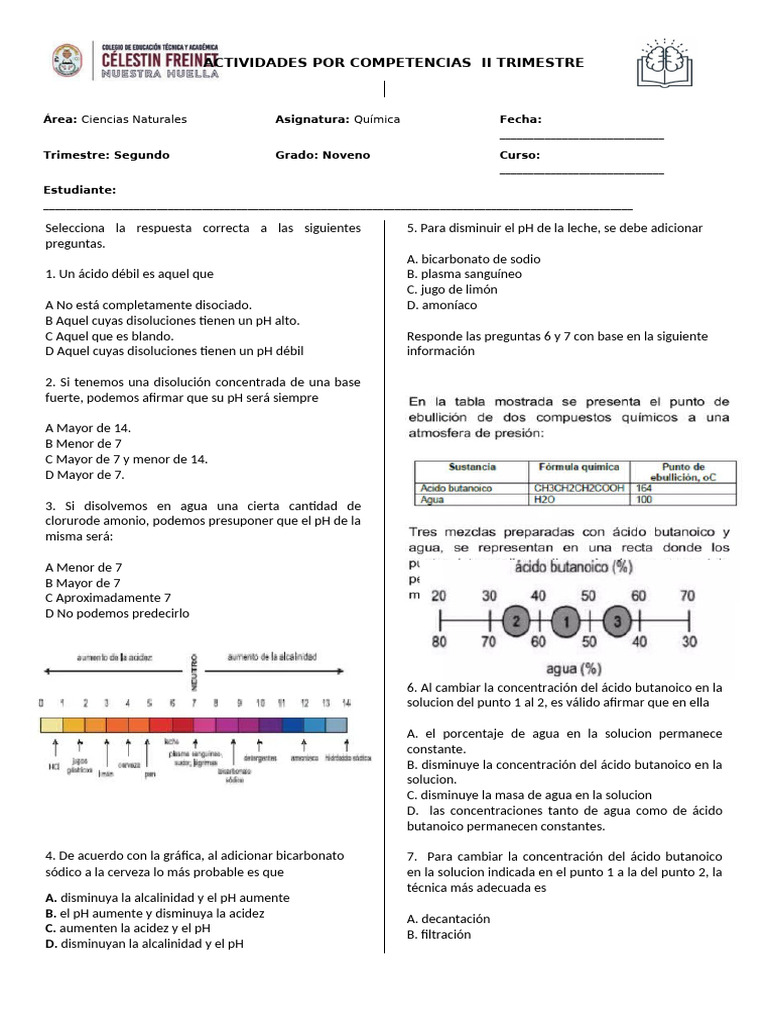 Evaluacion Actividades Complementarias 9° Quimica | PDF | Ph | Concentración