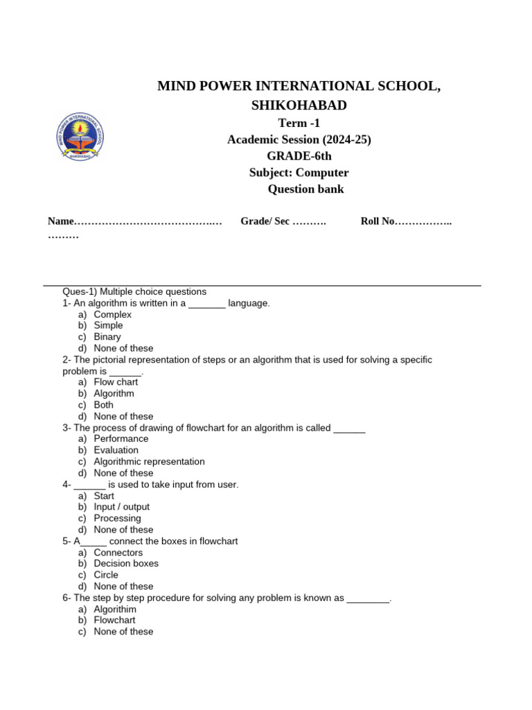 Class 6th Computer Question Bank - 1 | PDF | Computer Program | Programming