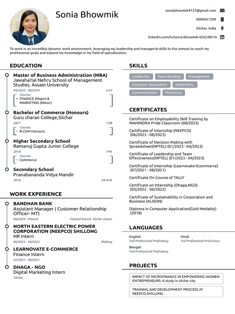 CV - Sonia Bhowmik | PDF | Master Of Business Administration | Business