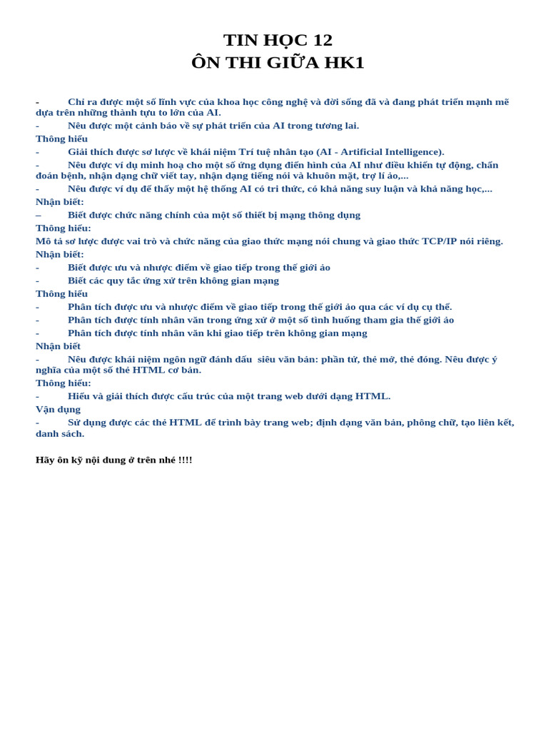 Ôn Tập Tin 12 Giữa Hk1 | PDF