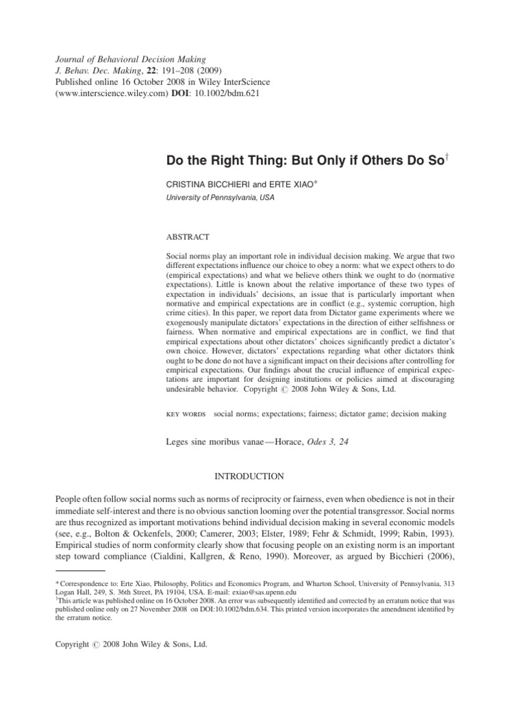 Do The Right Thing But Only If Others Do | PDF | Psychology | Social ...
