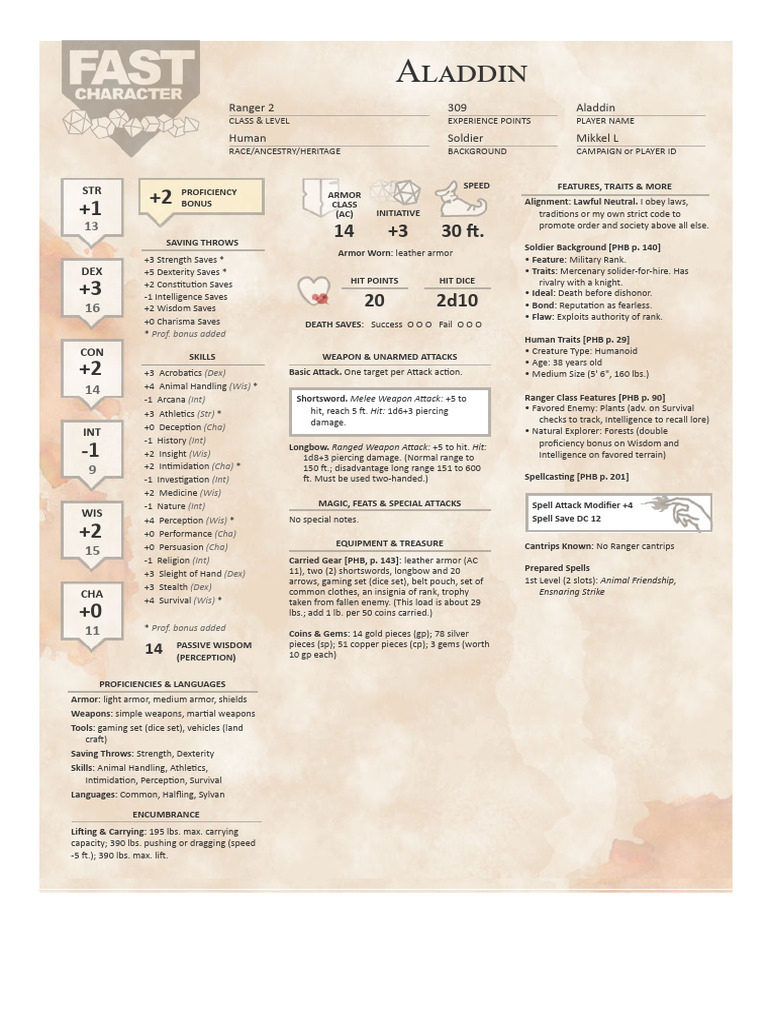 Aladdin: Level 2 Human Ranger Stats | PDF | Role Playing Games