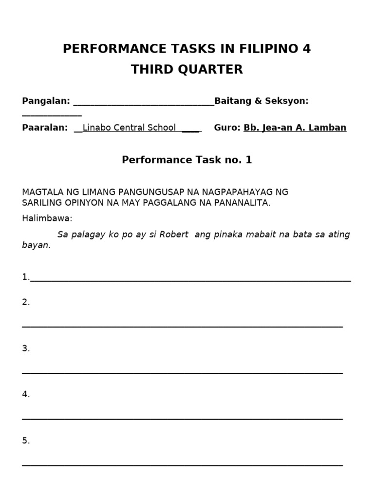 Performance Tasks in Filipino 4 | PDF