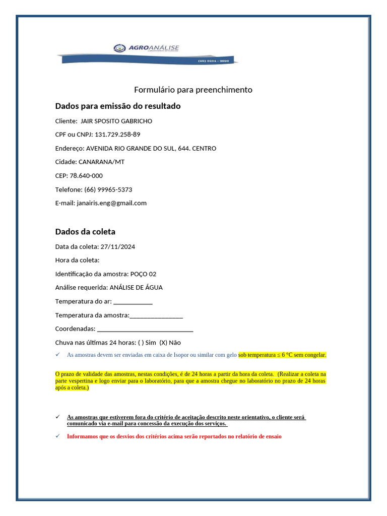 Formulário de Coleta de Água para Análise | PDF