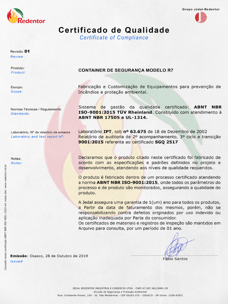 Certificado de Qualidade Container R7 | PDF