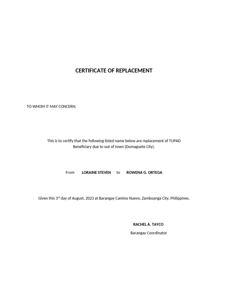 Certificate of Replacement | PDF