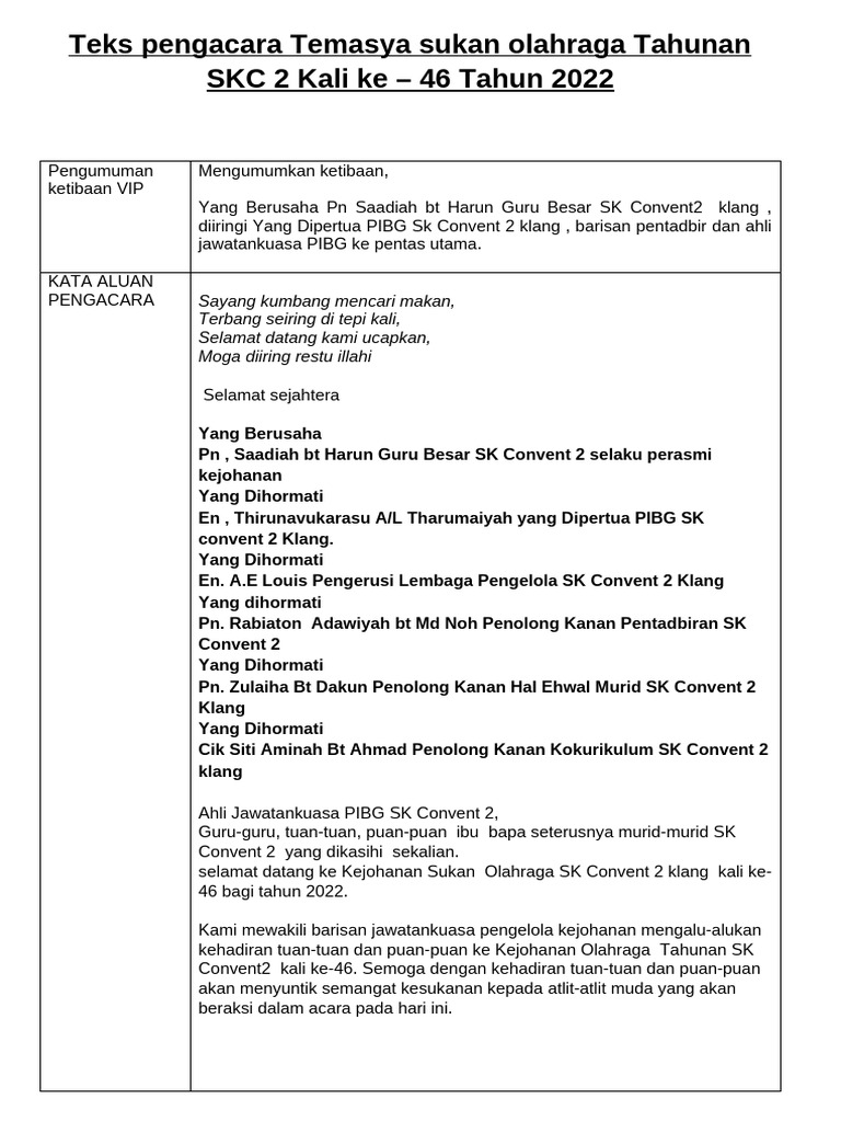 Teks Pengacara Temasya Sukan Olahraga Tahunan SKC 2 Kali Ke 46 | PDF
