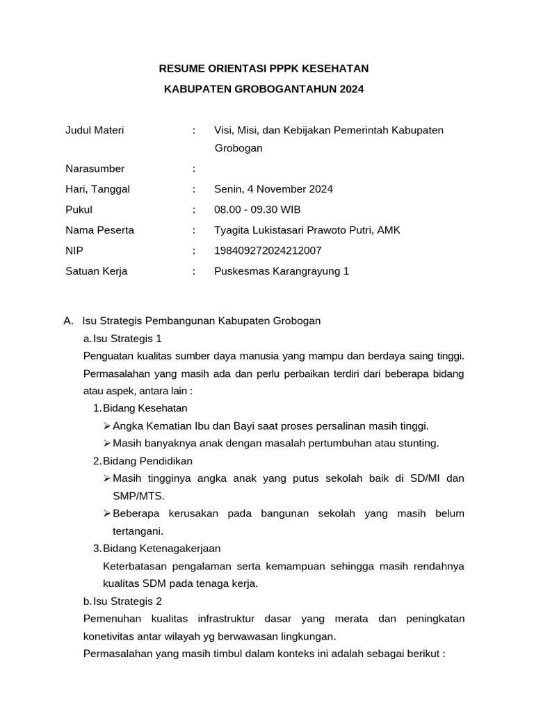 Resume Orientasi PPPK Kesehatan 2024. Tyagita | PDF