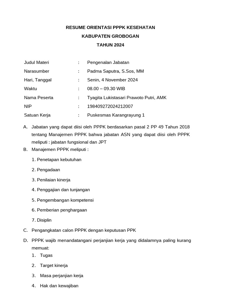 Resume Orientasi PPPK Kesehatan. Tyagita | PDF