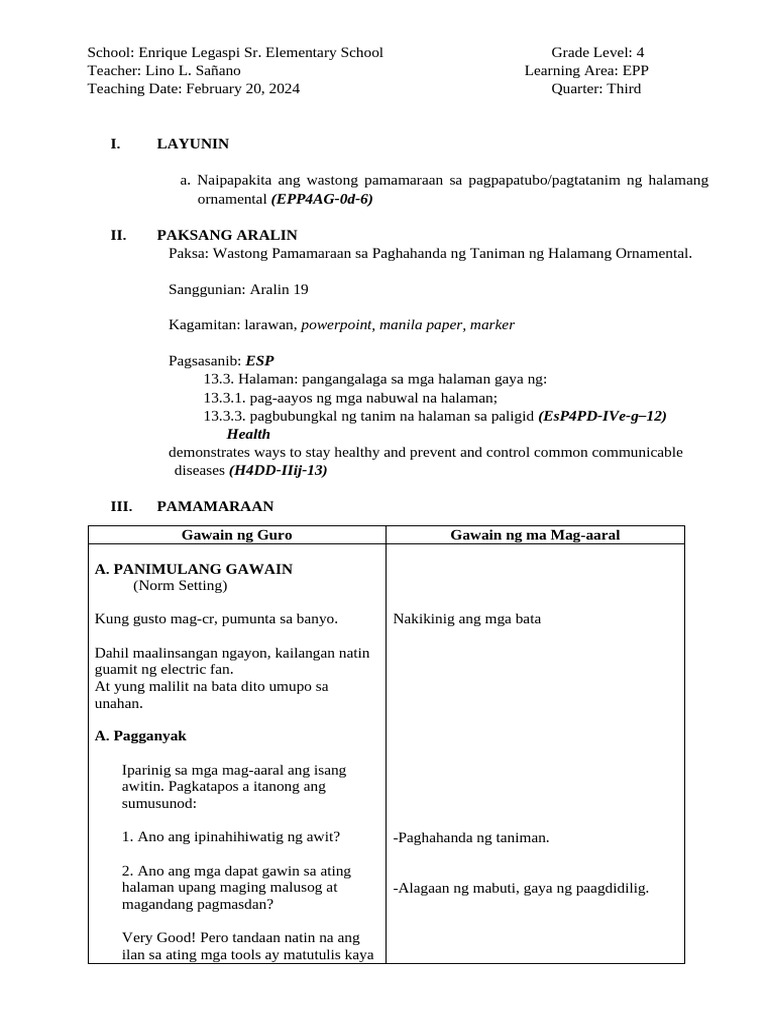 Lesson Plan Epp 4 Aralin 19 | PDF