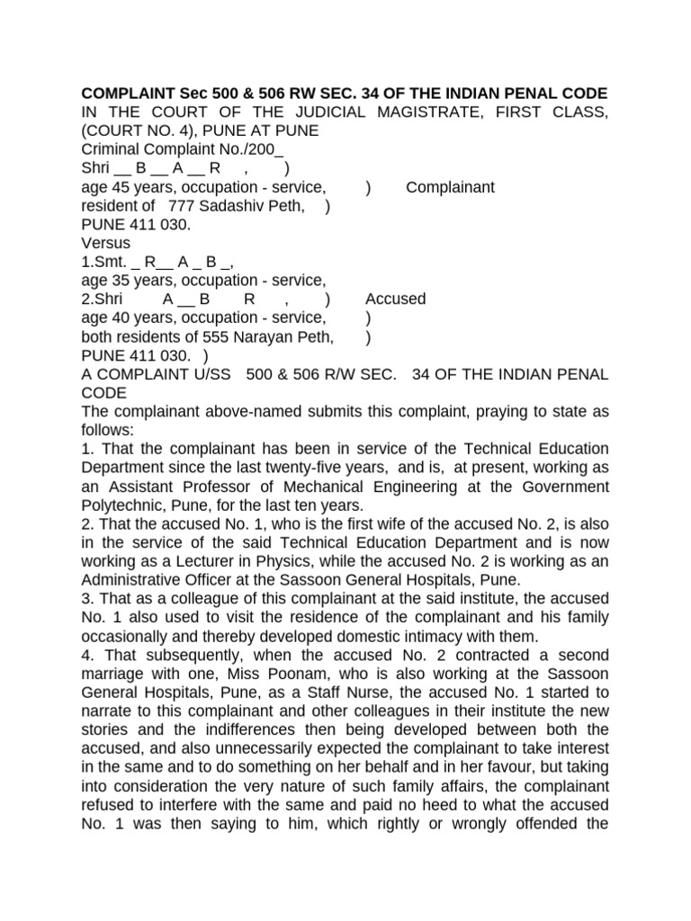COMPLAINT Sec 500 - 506 RW SEC. 34 OF THE INDIAN PENAL CODE | PDF ...