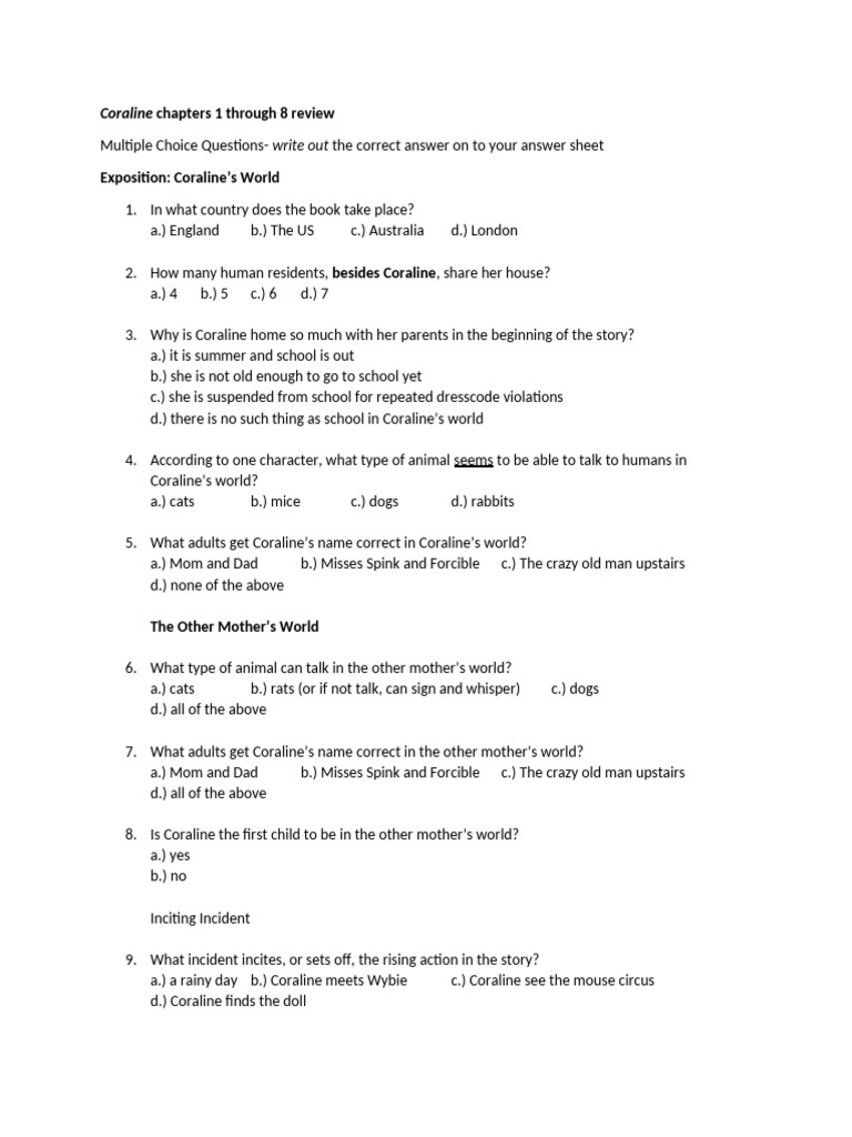 Coraline Chapters 1 Through 8 Review | PDF