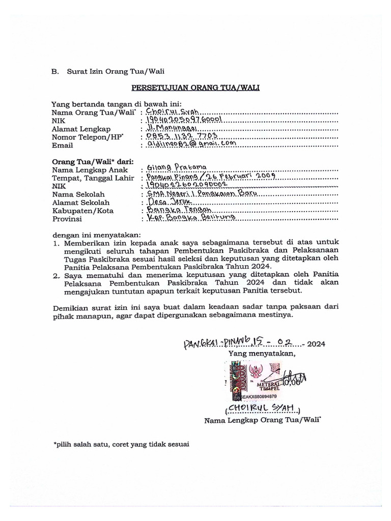 Surat Persetujuan Orang Tua Capas Gilang | PDF