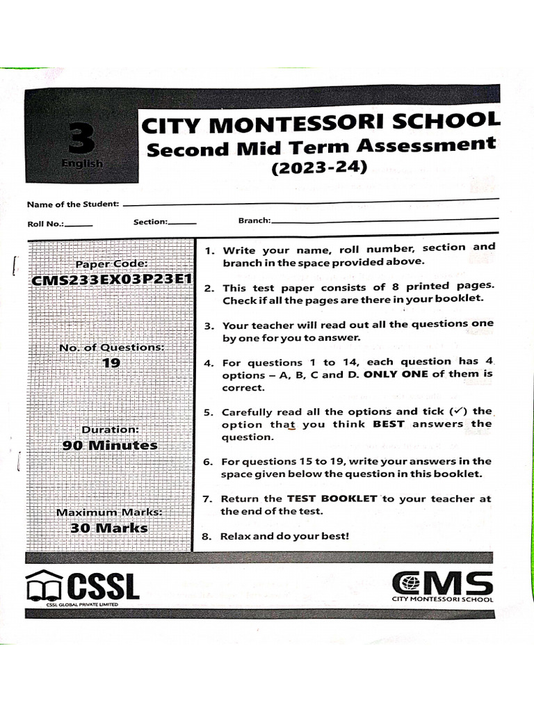 English Mid Term 2 (2023-24) | PDF