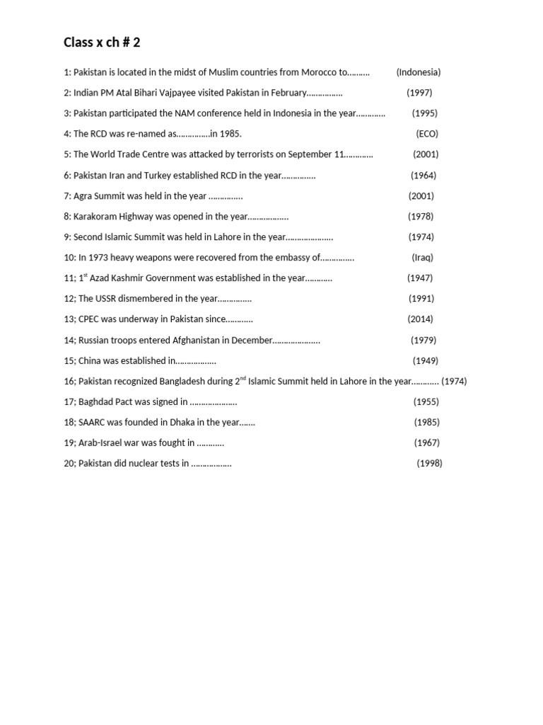 Pak ST Class X MCQs CH # 2 | PDF