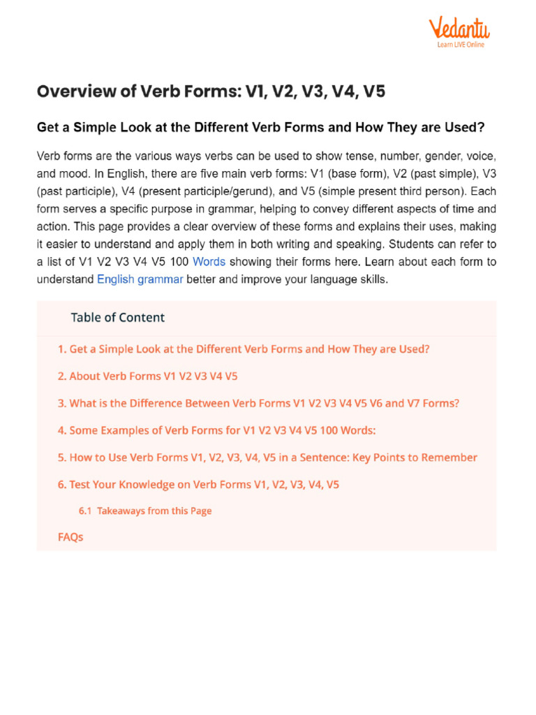 Overview of Verb Forms - V1, V2, V3, V4, V5 | PDF