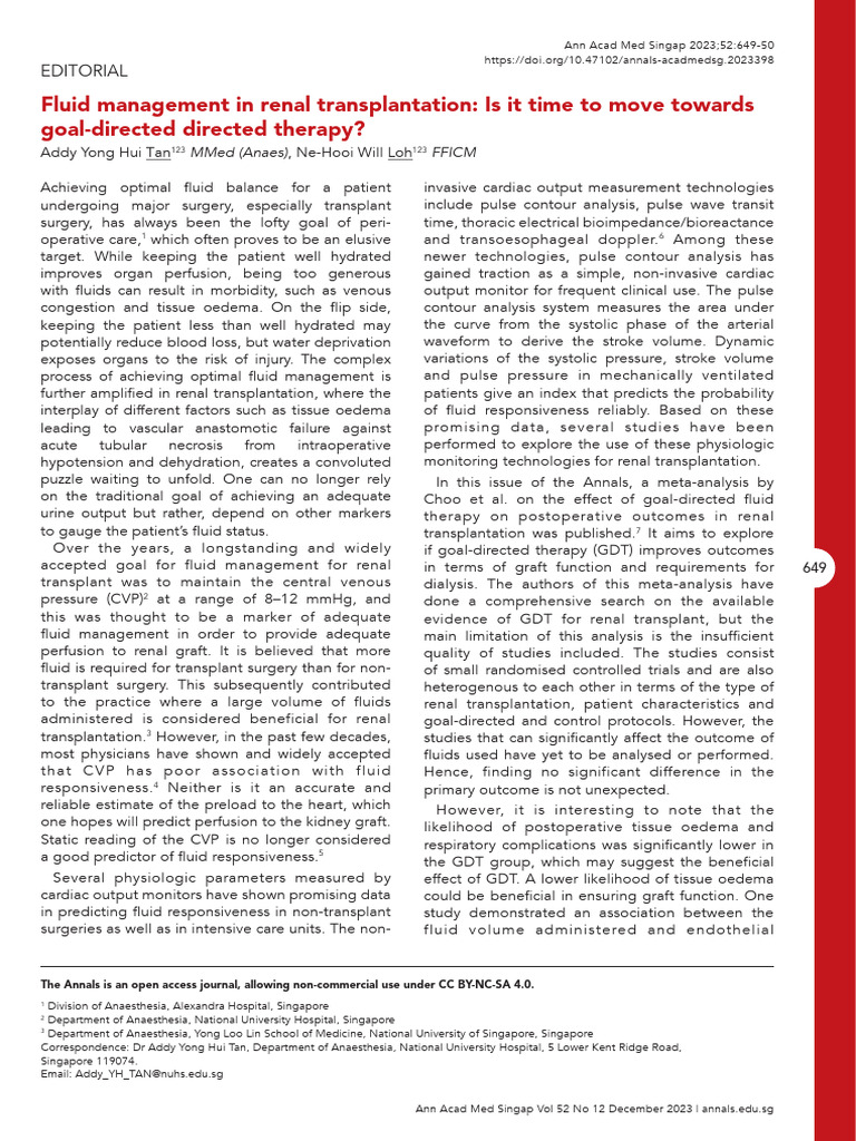 Fluid Management in Renal Transplantation: Is It Time To Move Towards Goal-Directed Directed ...
