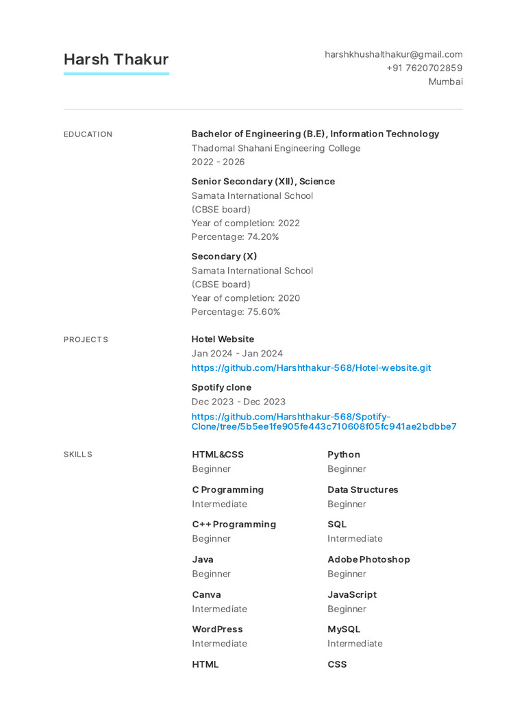 Harsh Thakur Resume | PDF