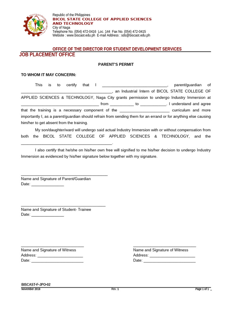 Form 2 Parents Permit | PDF