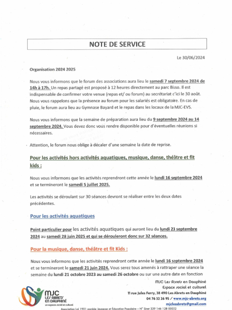 Note de Service Rentree 2024 2025 | PDF