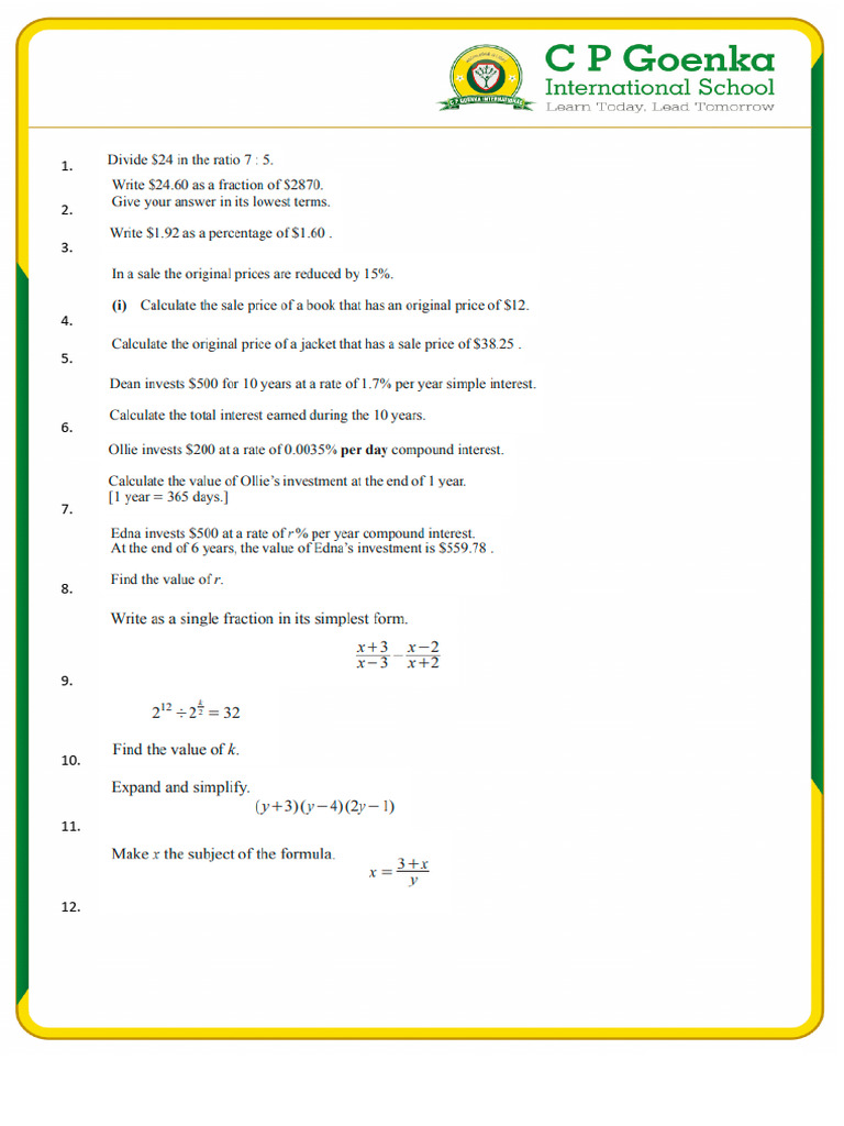 Maths Worksheet Pdf