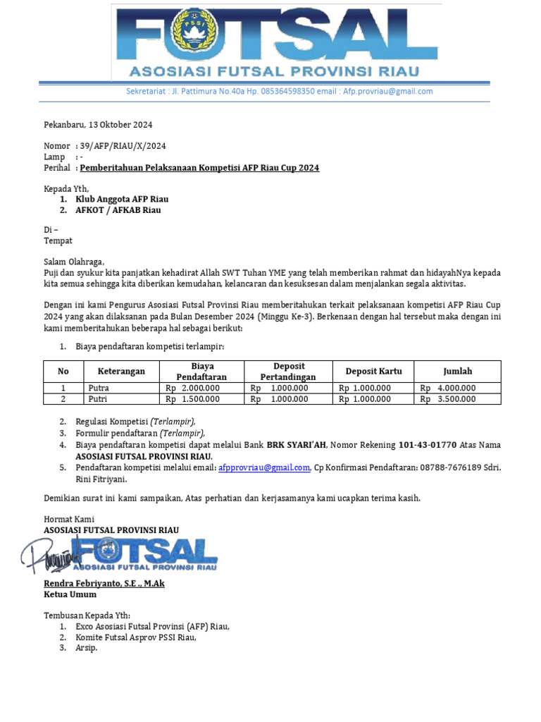 Pendaftaran AFP Riau Cup 2024 Dibuka | PDF