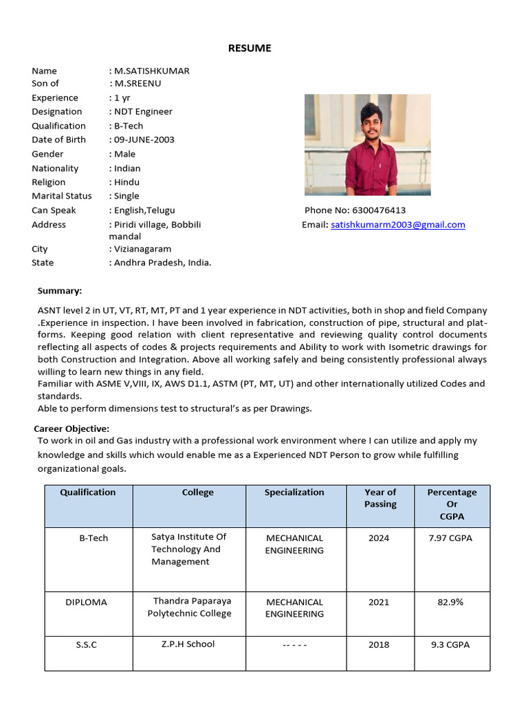 Satish Resume | PDF | Nondestructive Testing