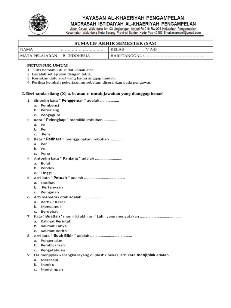 SOAL SAS B. Indonesia Kelas 5 Desember 2024.. | PDF