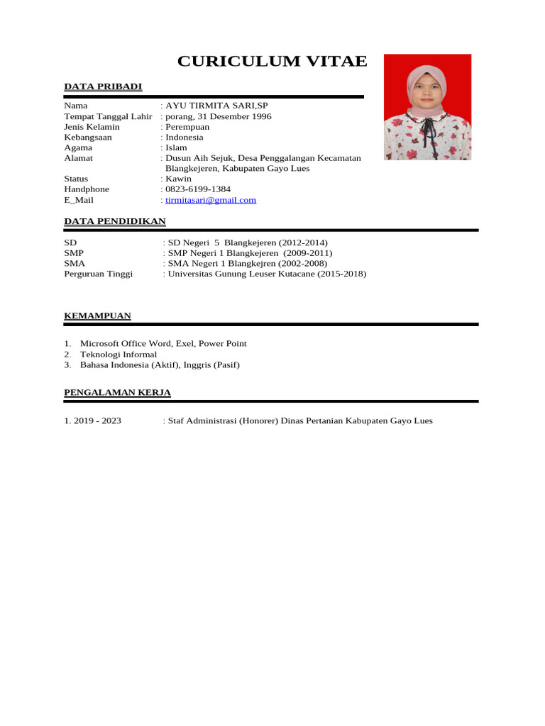 CV Ayu Tirmita Sari: Staf Admin Berpengalaman | PDF