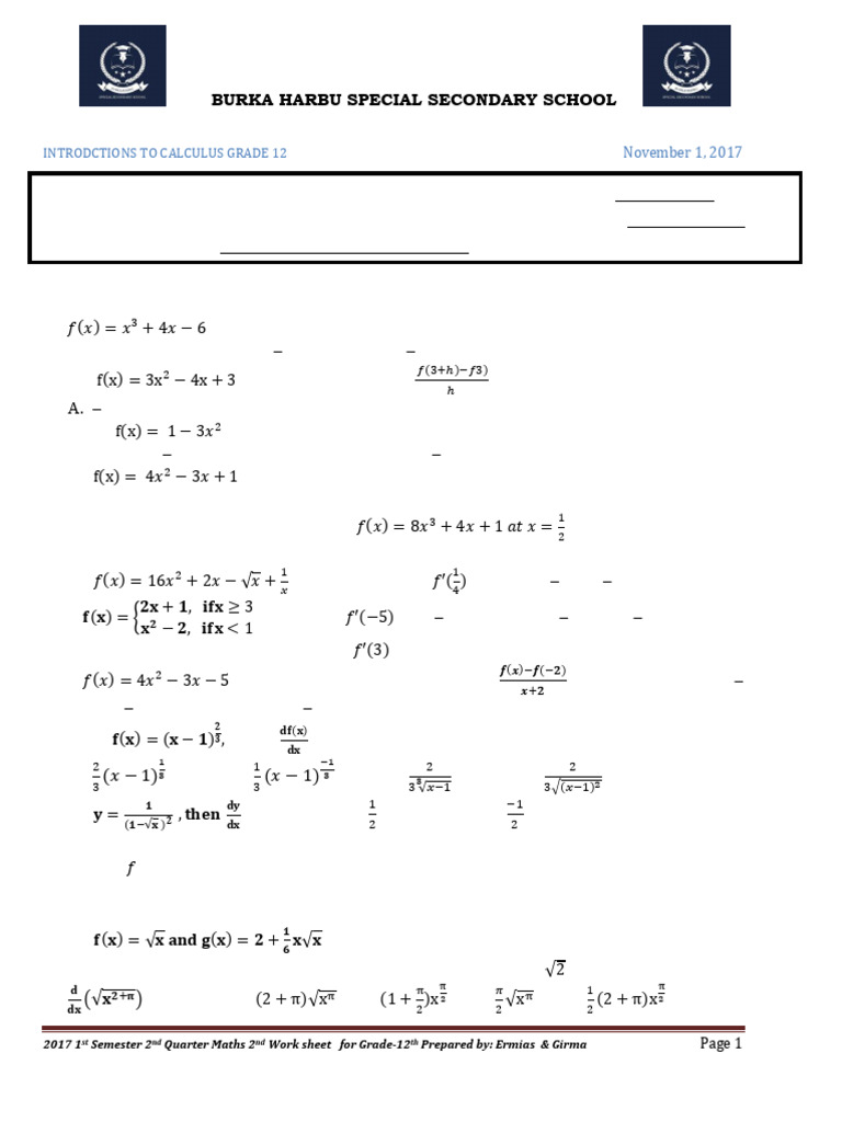 Work Sheet Two G-12 Mathematics | PDF | Tangent | Slope