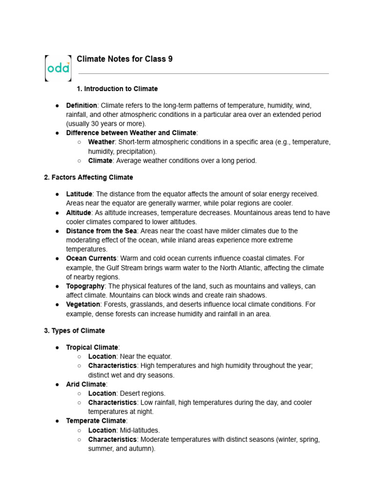 Climate Notes For Class 9 Pdf Climate Change Climate