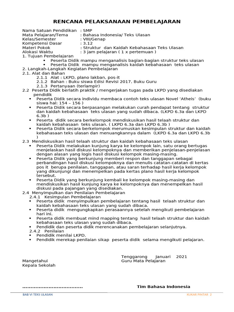 RPP Bindo 8 Bab 6 Teks Ulasan, Pertemuan 3 | PDF