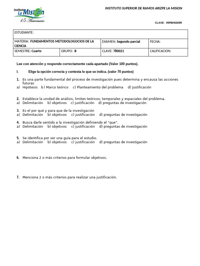 Examen Segundo Parcial Metodologia | PDF