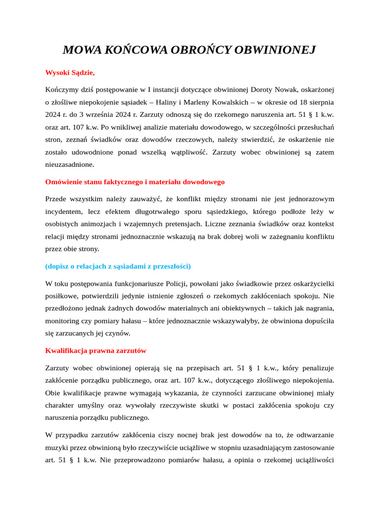 Mowa Końcowa Obrońcy Obwinionej | PDF