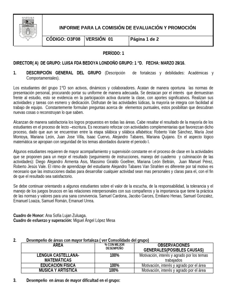 Informe Comision 1°D Periodo I | PDF