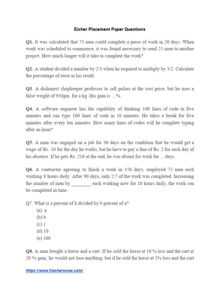 Eicher Placement Paper Questions and Solutions | PDF