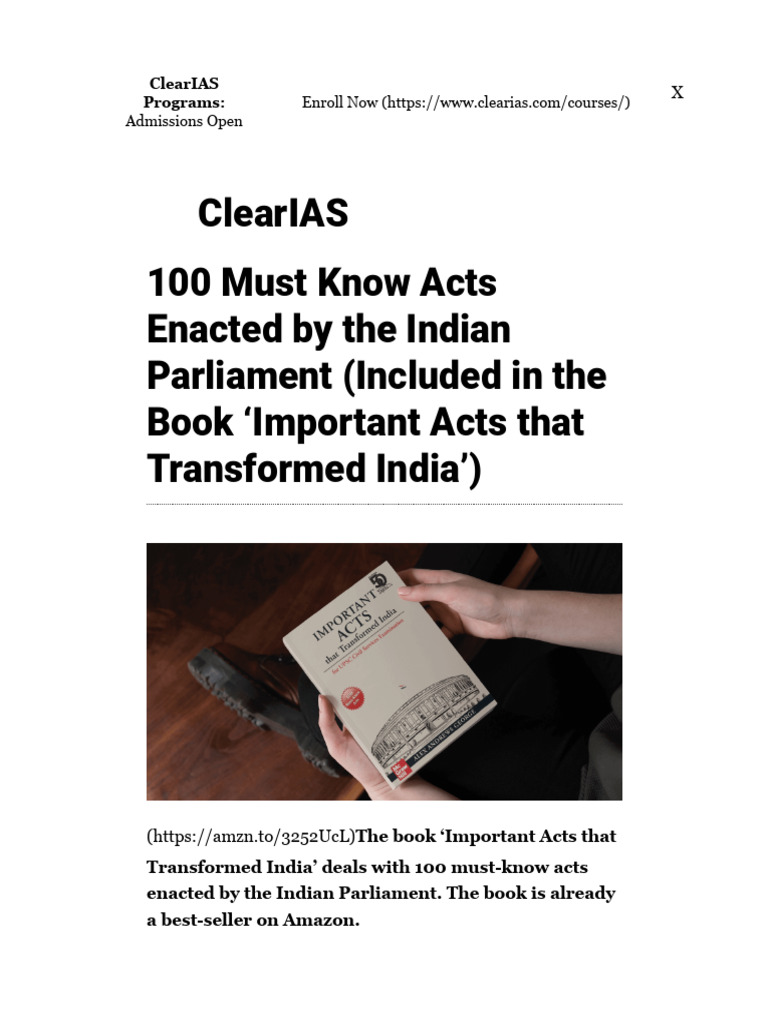100 Must Know Acts Enacted by The Indian Parliament (Included in The Book 'Important Acts That ...