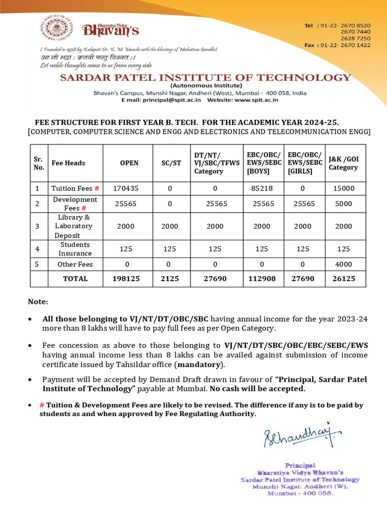 First Year B.tech - Fee Structure Notice 2024 25 | PDF