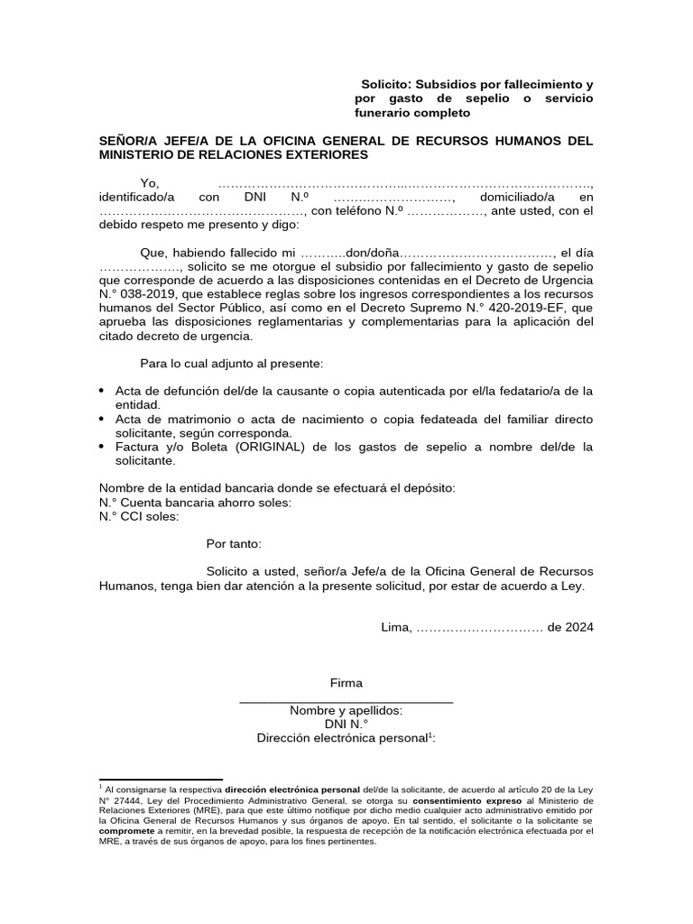 Solicitud de Subsidio Por Fallecimiento y Gastos de Sepelio | PDF ...