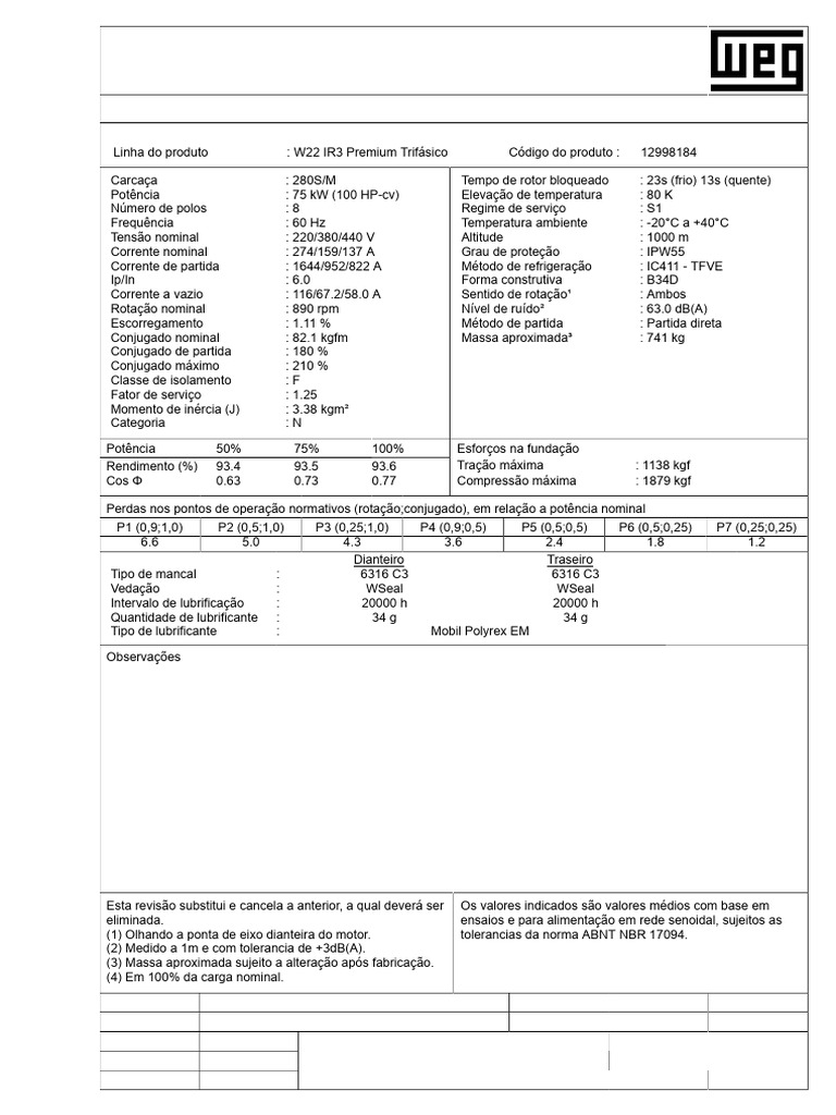 Ficha Motor WEG 280S-M 100cv 8p | PDF | Motor elétrico | Engenharia ...