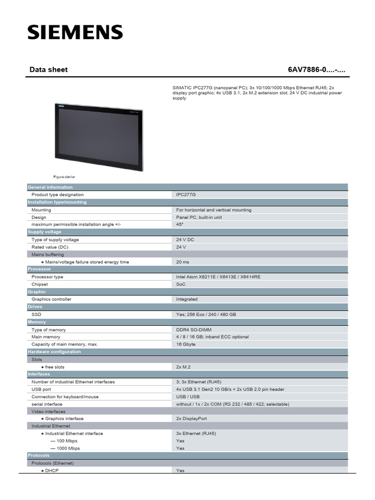 Siemens - SIMATIC IPC277G - 6AV78860 - Datasheet - en | PDF ...