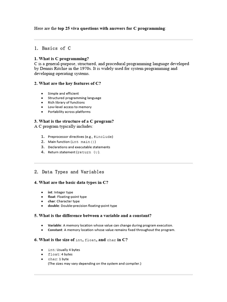 Top 25 C Programming Viva Questions Pdf Pointer Computer Programming Variable Computer