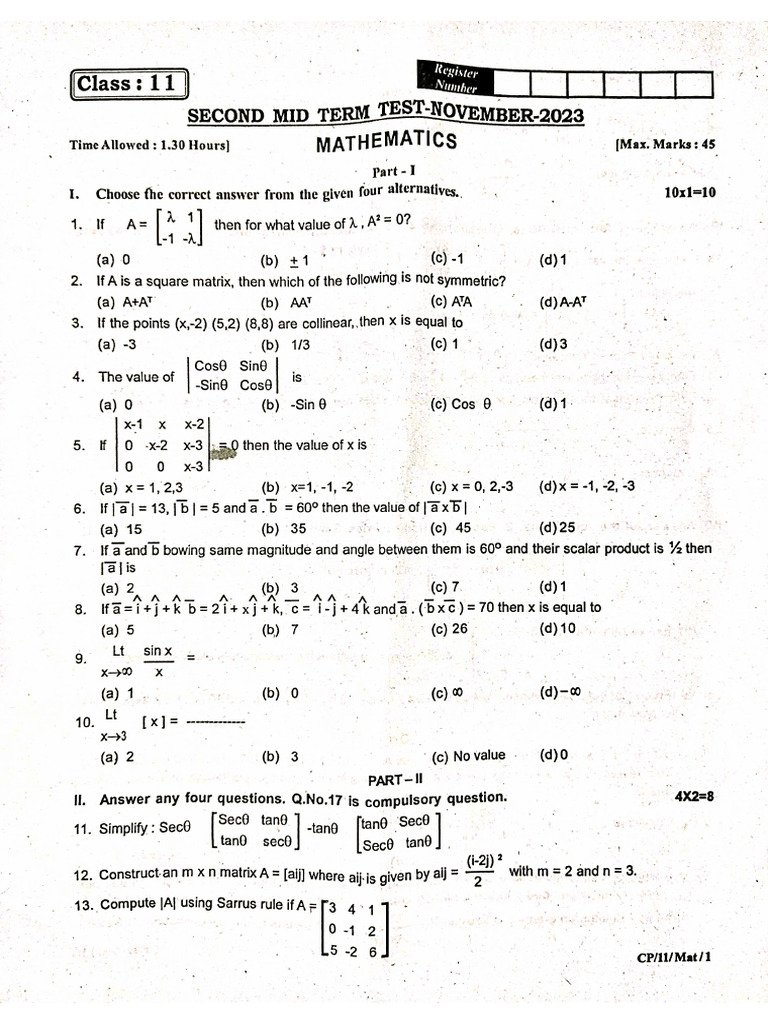 11th Maths EM 2nd Mid Term Exam 2023 Question Paper With Answer Keys ...