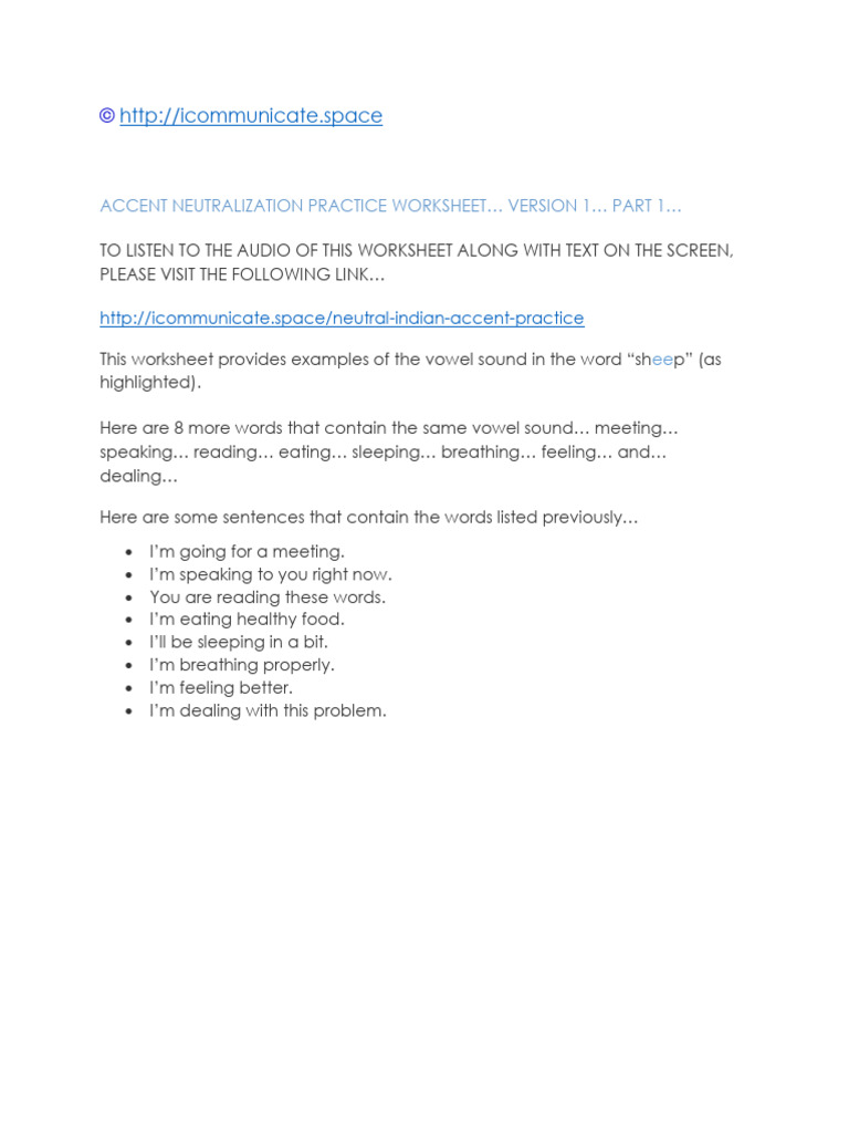 Accent Neutralization Practice Worksheets V1 | PDF | Stress ...