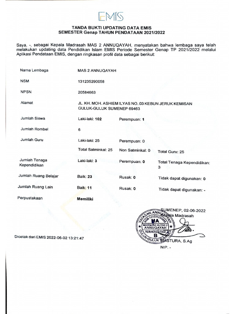 Bap Emis Ma. 2 Annuqayah 2021-2022 | PDF