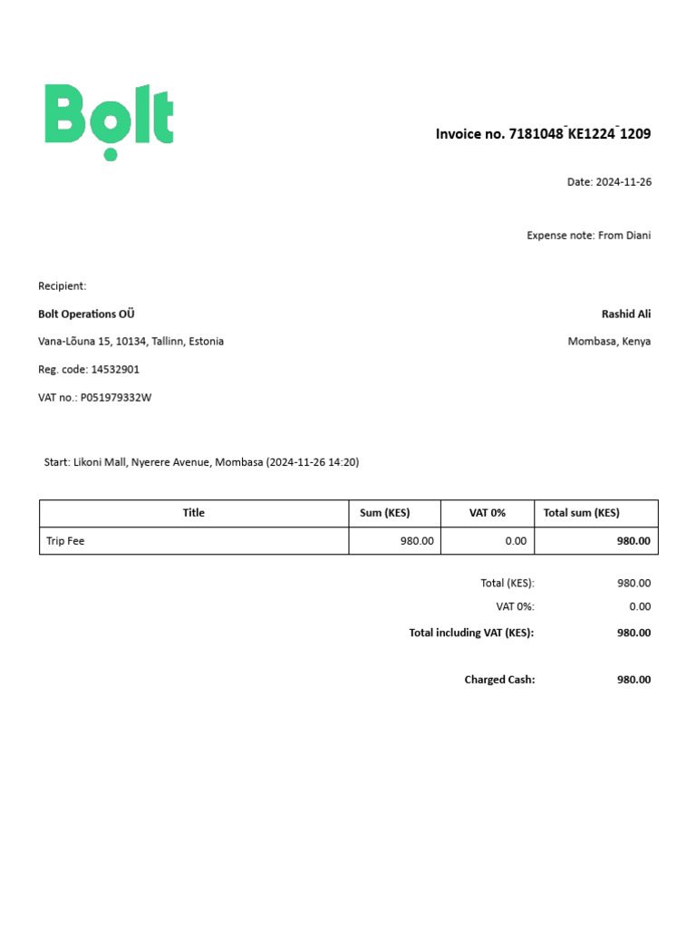 Bolt Receipt | PDF
