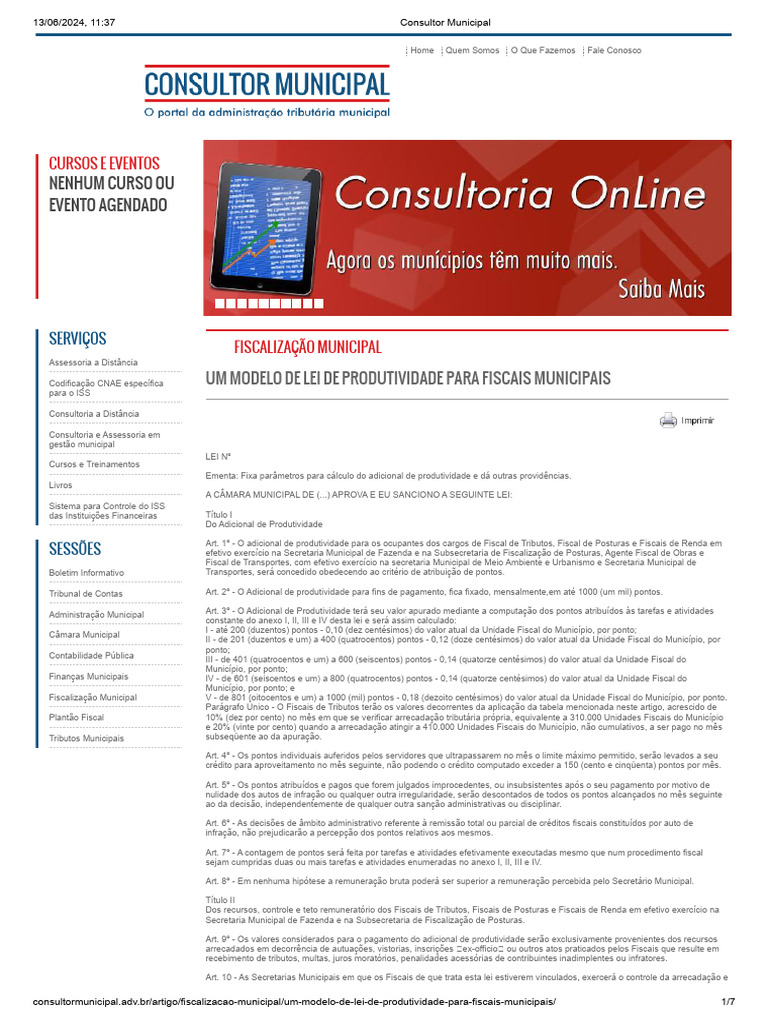 Modelo de Lei para Fiscais Municipais | PDF | Férias trabalhistas | Salário