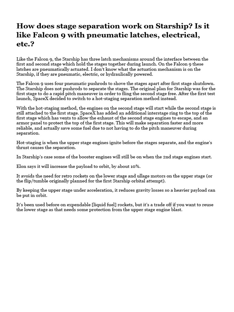 How Does Stage Separation Work On Starship Is It Like Falcon 9 With ...